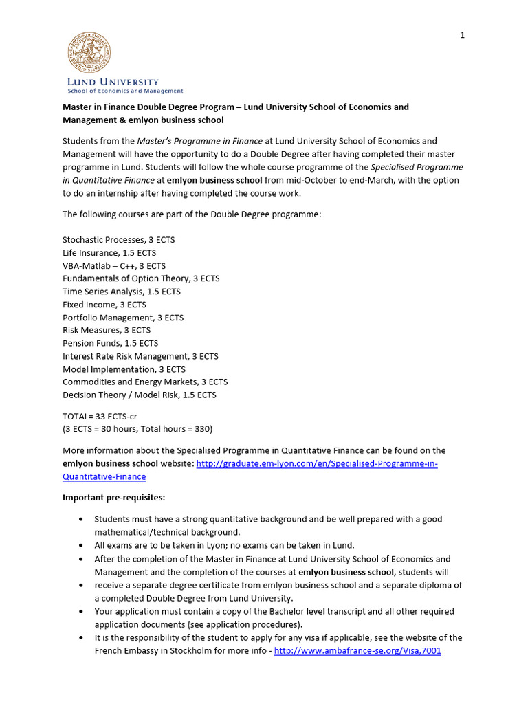 Master in Finance Lund EM Lyon Double Degree Facts | PDF | Mathematical ...