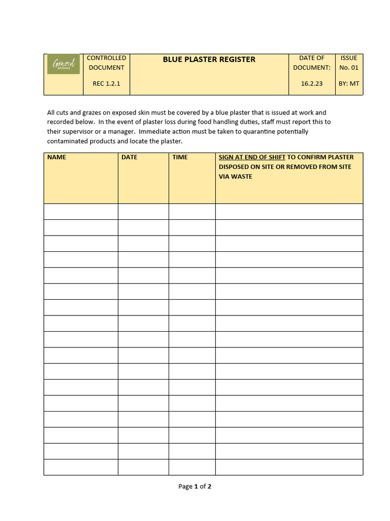 REC 1.2.1 Blue Plaster Register | PDF