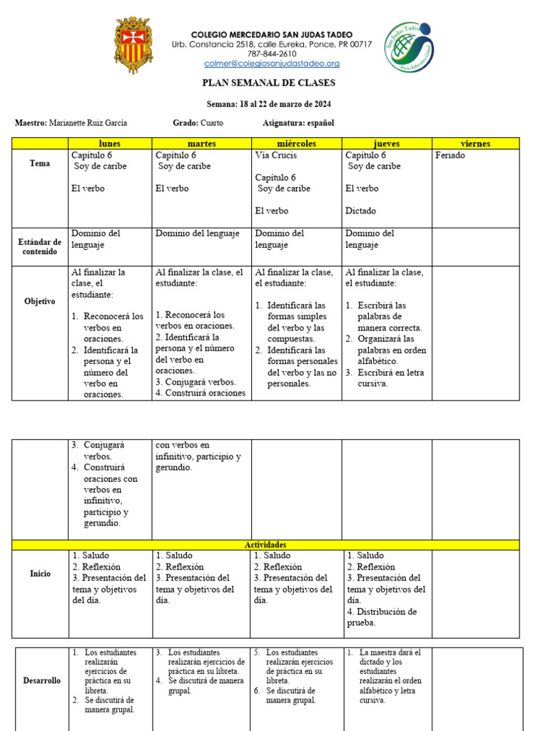Planificación 18-22 de Marzo 2024 Cuarto Grado | PDF | Verbo ...
