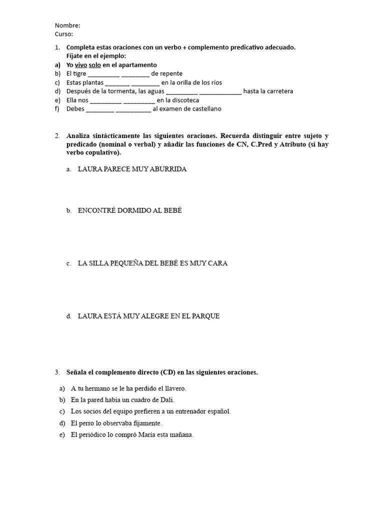 Ejercicios Practica Complementos Verbales | PDF | Predicado (Gramática ...