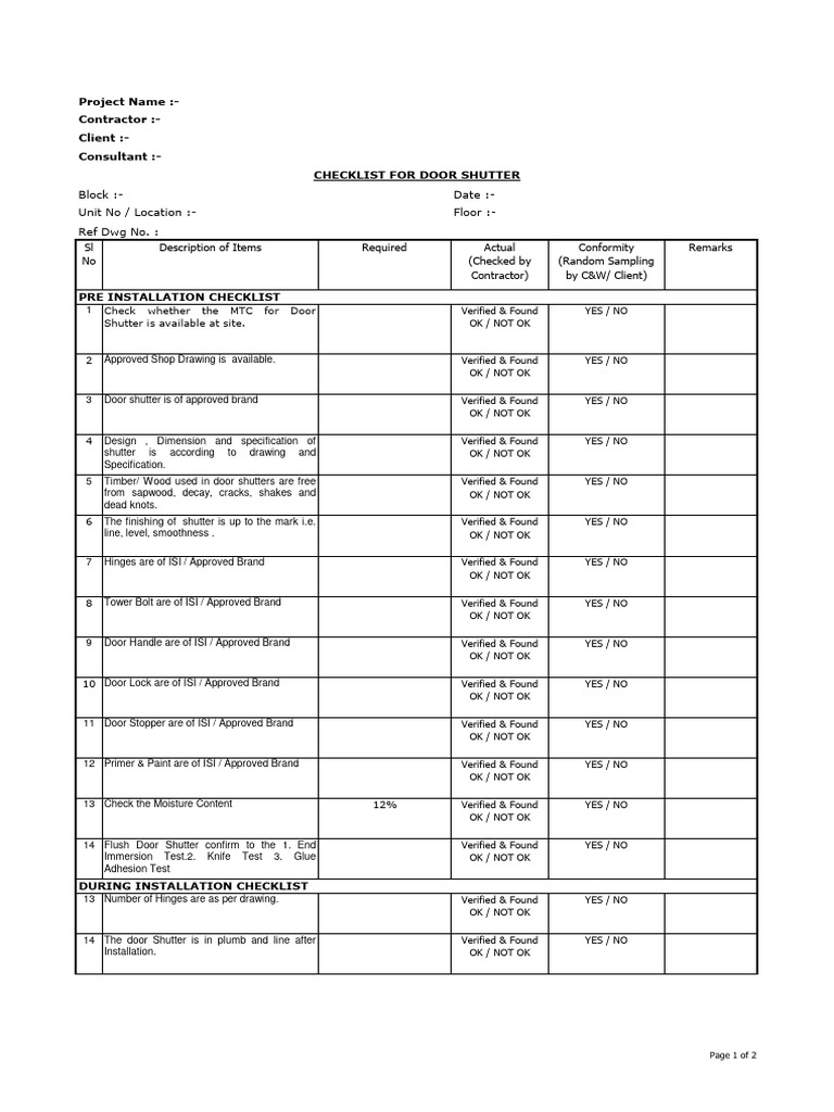 Door Shutter - Checklist | PDF | Wood | Door