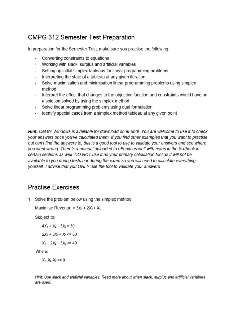 CMPG 312 Semester Test Preparation | PDF | Linear Programming | Analysis