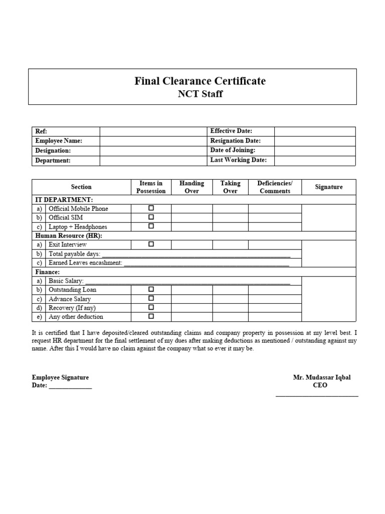 Employee Exit Clearance Form | PDF | Career & Growth | Business