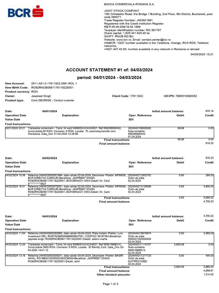 BCR Account Statement: 04/01-04/03/2024 | PDF | Deposit Account | Banks