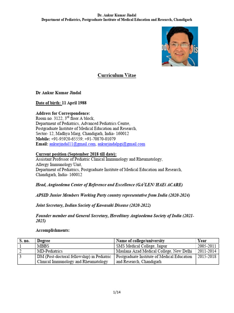 Ankur Jindal Curriculum Vitae | Download Free PDF | Immunodeficiency | Immunology