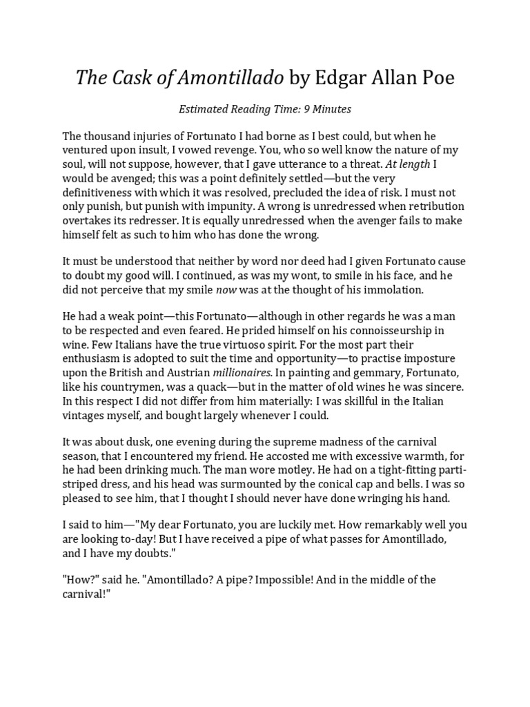 The Cask of Amontillado Summary | PDF