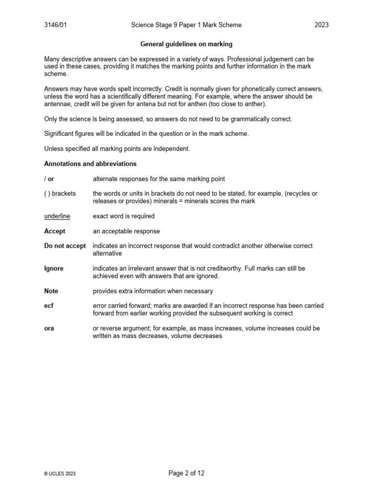 Science Stage 9 Paper 1 Mark Scheme 2023 | PDF | Earth | Stars
