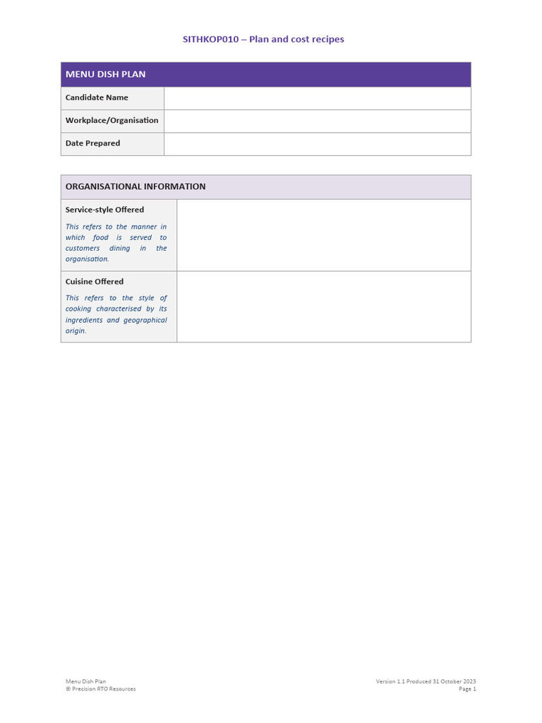 SITHKOP010-Menu-Dish-Plan-Template (2) Task 1 | PDF | Menu | European ...