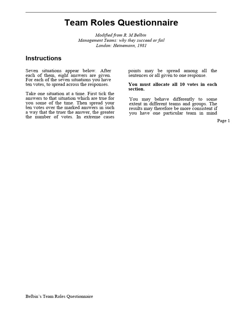 Belbin Team Roles Questionnaire Guide | PDF | Psychological Concepts ...