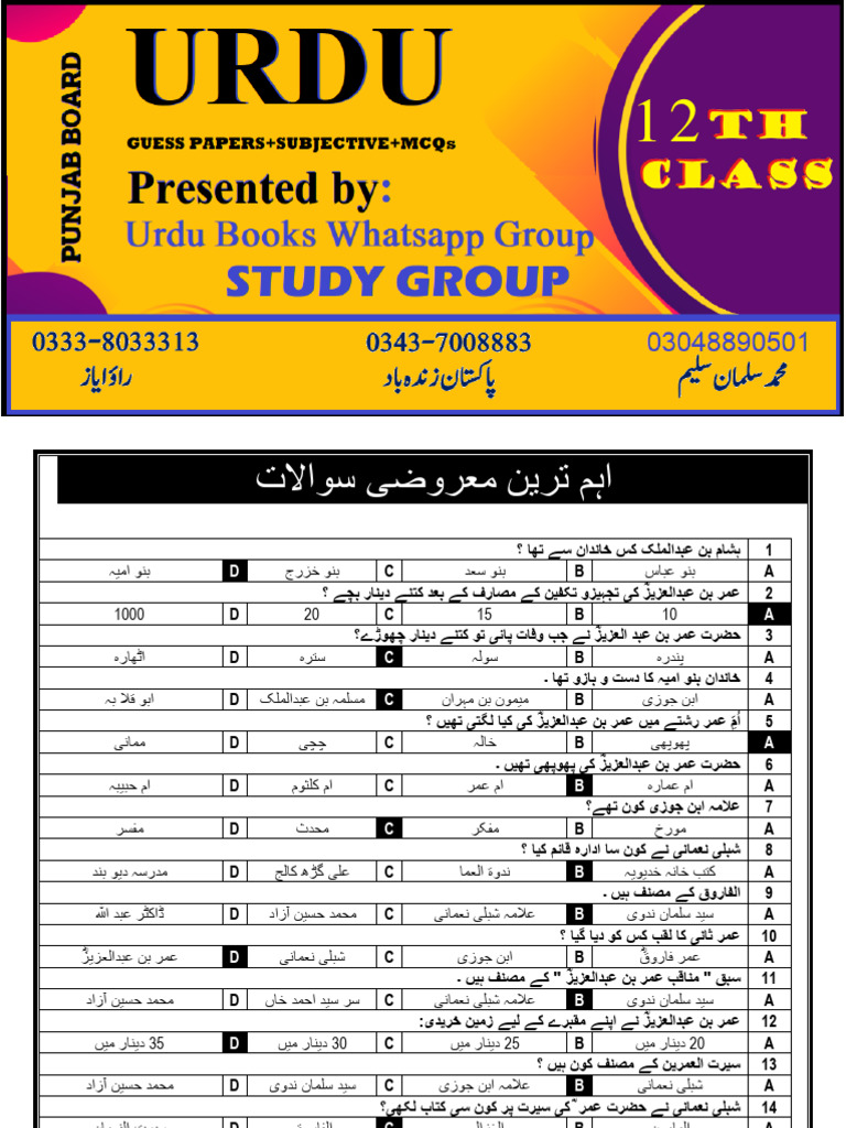 12th Urdu Guess Papers +subjective + MCQs by Urdu Books | PDF 12th Urdu Guess Papers +subjective + MCQs by Urdu Books | PDF