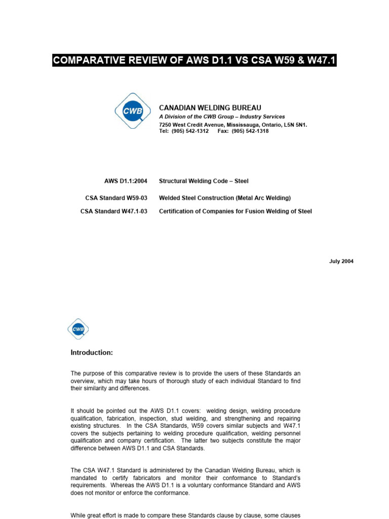 Comparative Review of Aws D1 1 VS Csa W5 | PDF | Welding | Construction