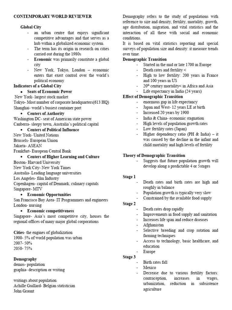 CONTEMPORARY WORLD REVIEWER (1st Year-2nd Sem) | PDF | Demography ...