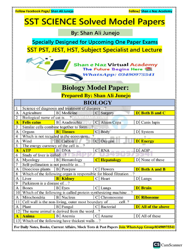 Biology Sample Paper For Lecturer and SST Science by Shan Ali Junejo ...