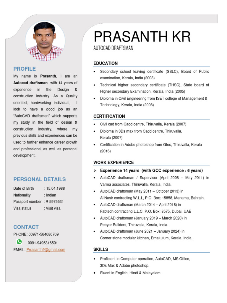 AutoCAD Draftsman Profile - Prasanth K.R. | PDF | Art