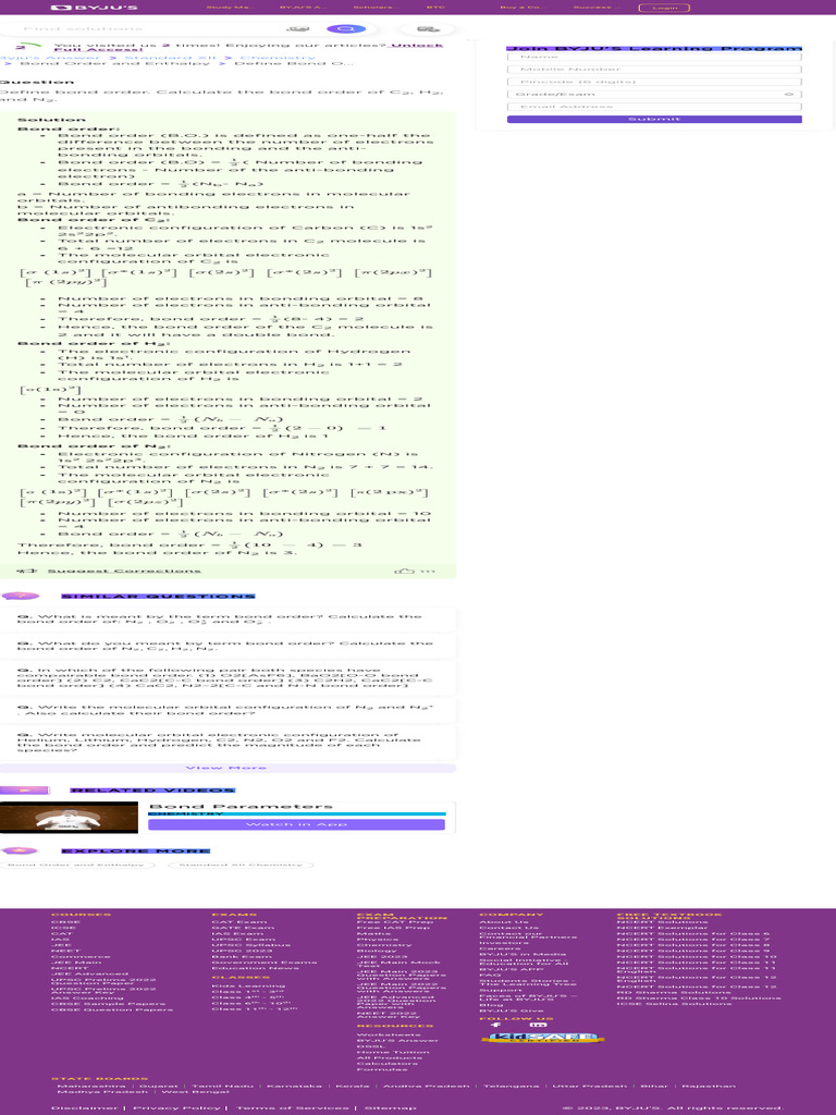Define Bond Order. Calculate The Bond Order of C2, H2 and N2. Chemistry ...