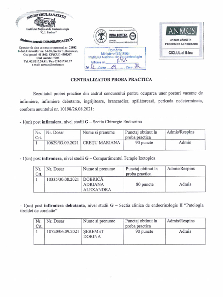 Centralizator Proba Practica Infirmiera Ingrijitoare | PDF