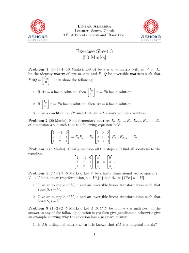 Exercises Linear Algebra 3 | PDF | Matrix (Mathematics) | Linear Map