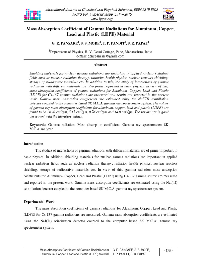 Mass Absorption Coefficient of Gamma Radiations For Aluminum, Copper, Lead and Plastic (LDPE ...