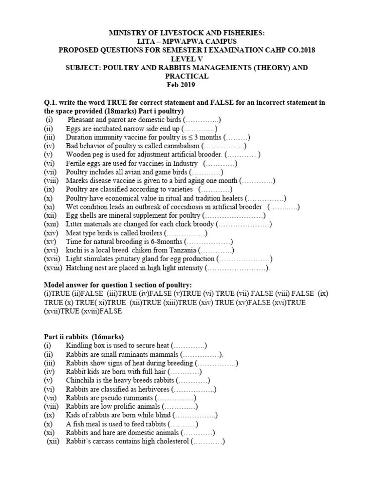 POULTRY AND RABBITS SEMISTER EXAM FEB 2019 - Copy-1 | PDF | Chicken ...