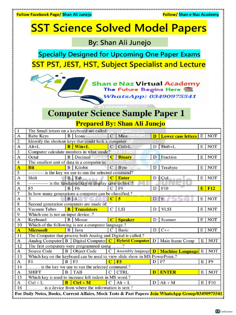 Computer Sample Papers For Lecturer & SST Science by Shan Ali Junejo | PDF