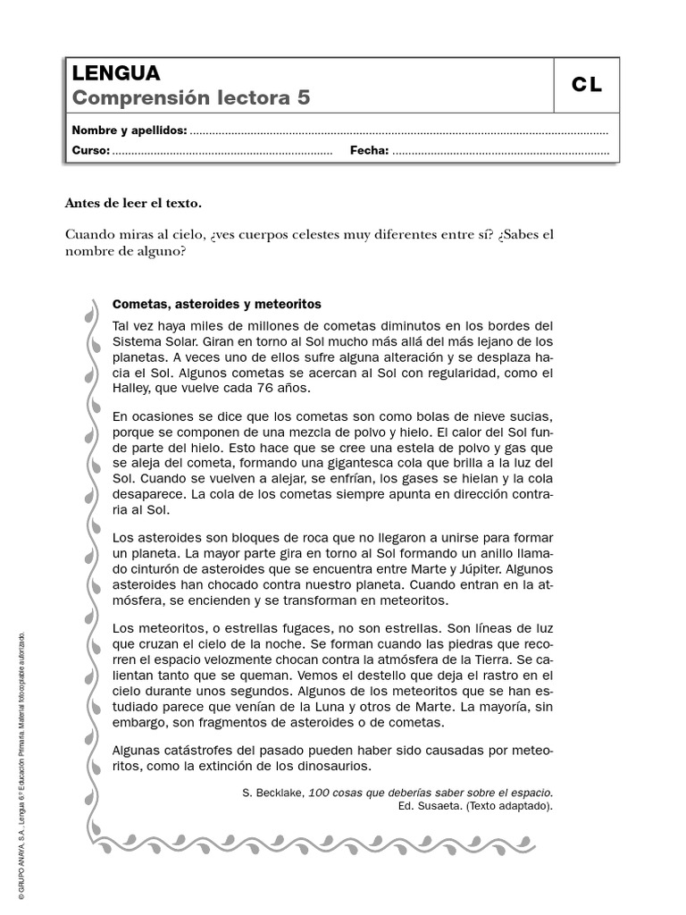 Fichas comprensión lectora | PDF | Cometa | Tierra