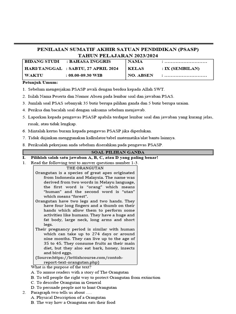 Contoh Soal Persiapan Ujian Akhir Semester Kelas 9 | PDF | Komodo Dragon