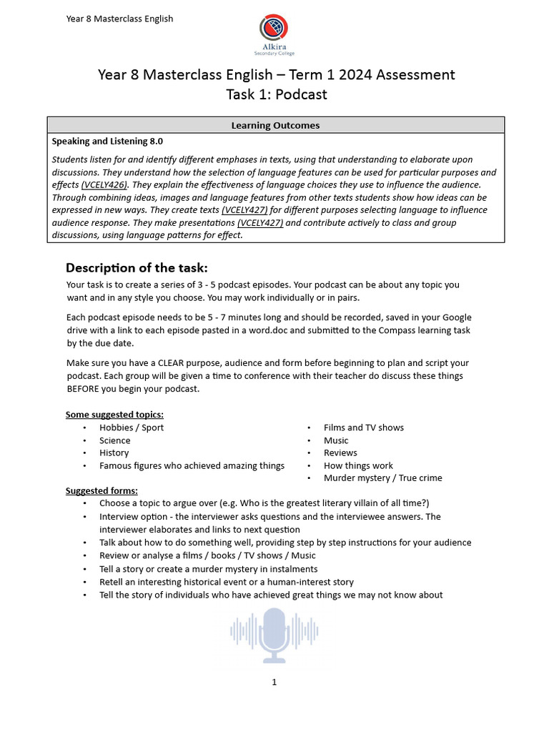 Podcast Assessment Task - Term 1 2024 | PDF | Podcast | Vocabulary