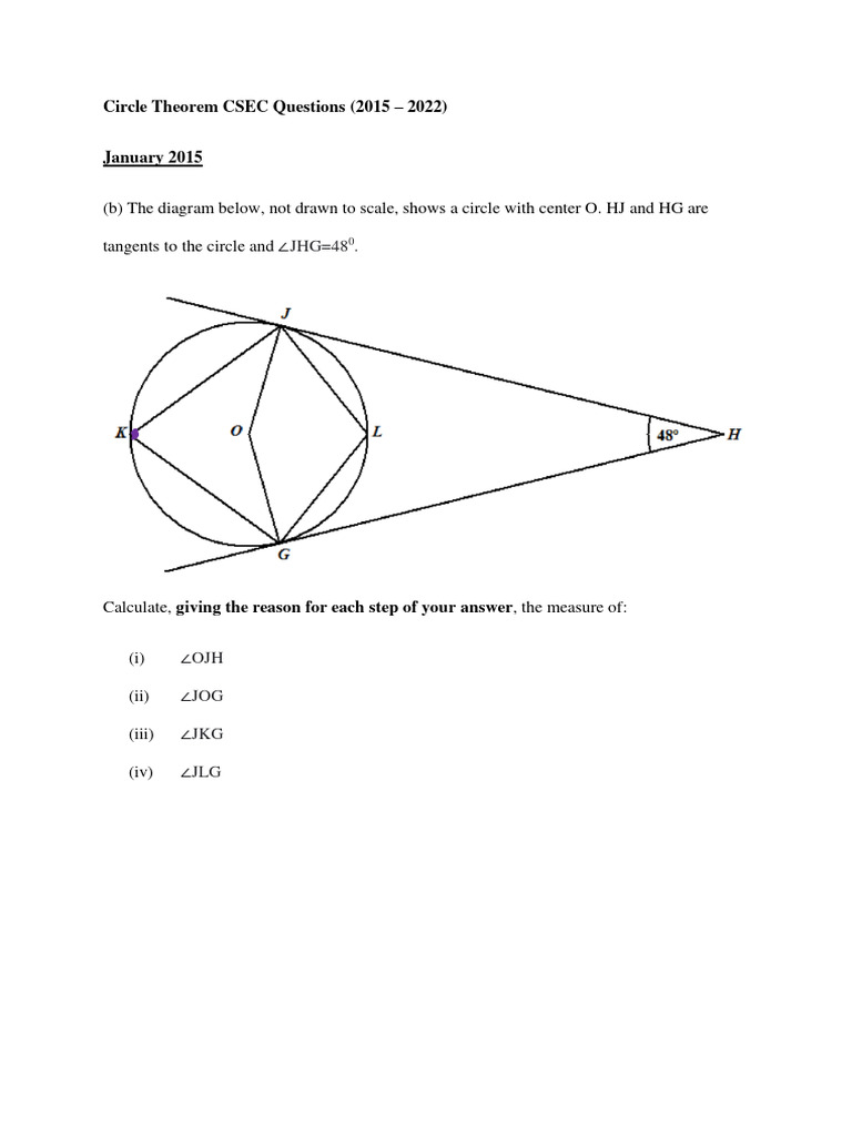 CSEC Circle Theorem Practice Questions | PDF | Circle | Angle