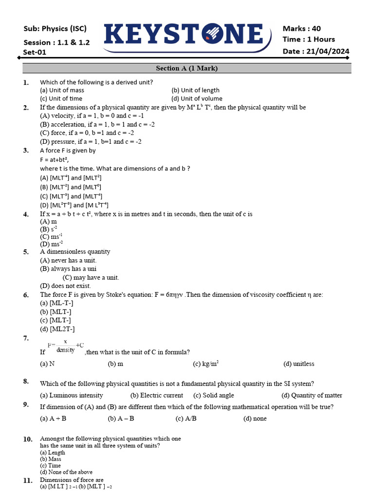 1.1 & 1.2 14 (Paper-1-ISC) 31-03-2024 Paper | PDF | Force | Torque