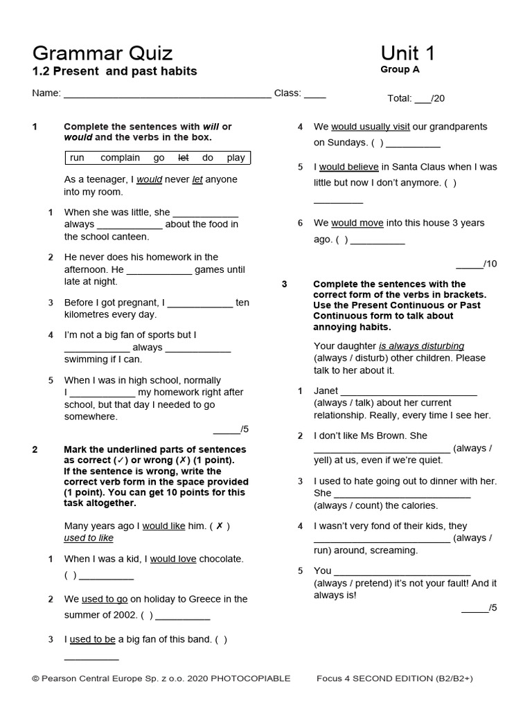Focus4 2E Grammar Quiz Unit1.2 GroupA 2kol | PDF | Linguistic Typology | Languages