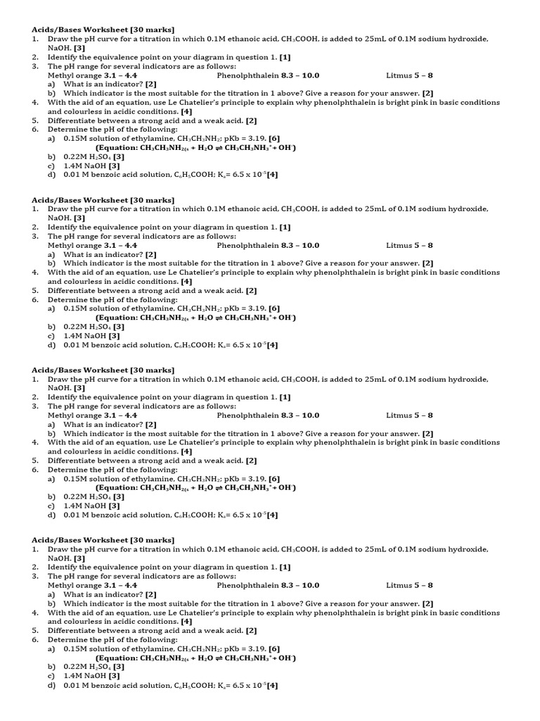 Acid-Base Worksheet 2019 | PDF | Titration | Chemistry