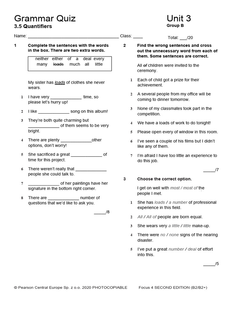 Focus4 2E Grammar Quiz Unit3.5 GroupB 2kol | PDF