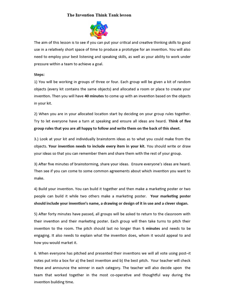 The Invention Think Tank Lesson | PDF | Brainstorming