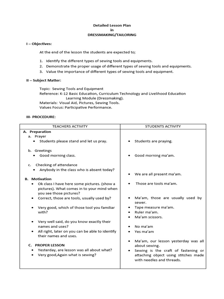 Detailed Lesson Plan in Dressmaking Tailoring I Objectives | PDF ...