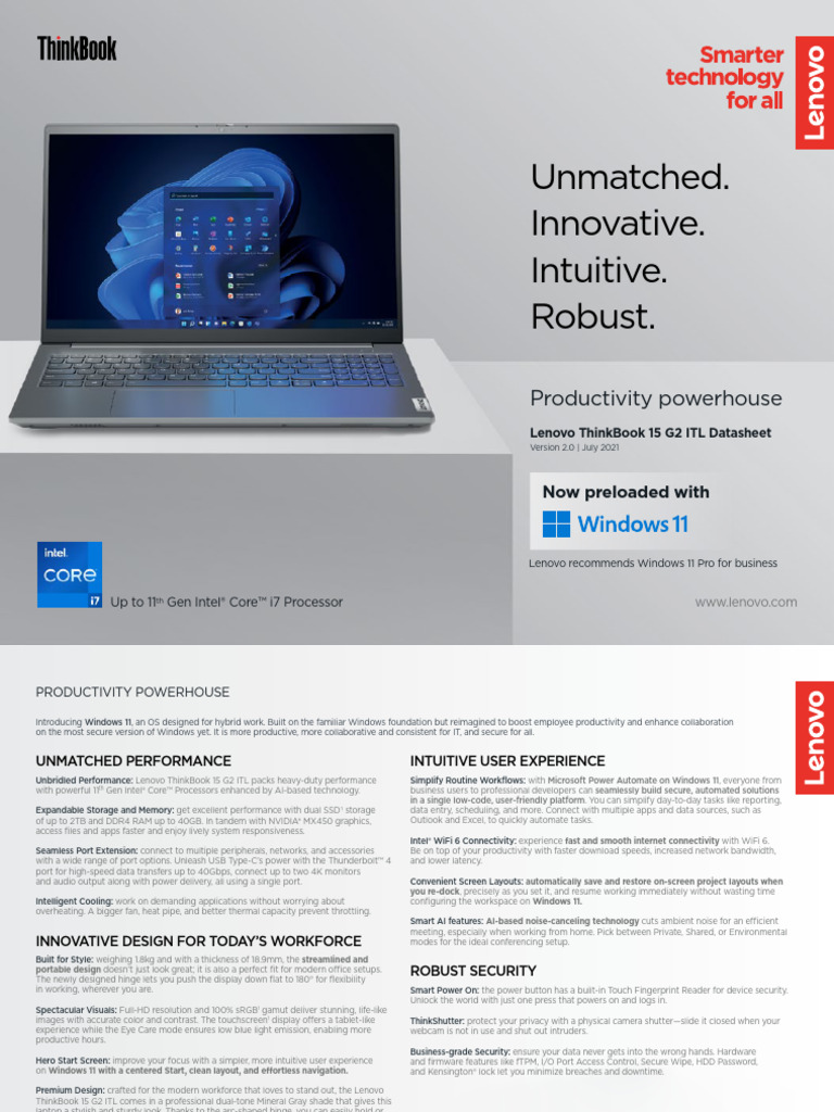 ThinkBook-15-ITL-Gen-2-Datasheet-Win-11-Refresh-EMEA | PDF | Laptop | Microsoft Windows
