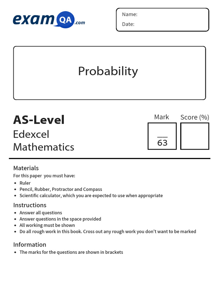 AS Stats Chapter 5 Probability Worksheet QP | PDF | Probability | Applied Mathematics
