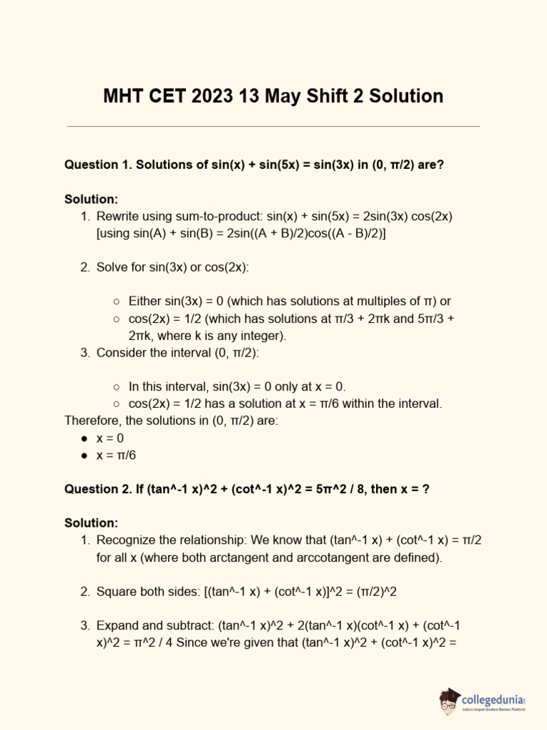 MHT CET 2023 13 May Shift 2 Solution | PDF | Integral | Equations