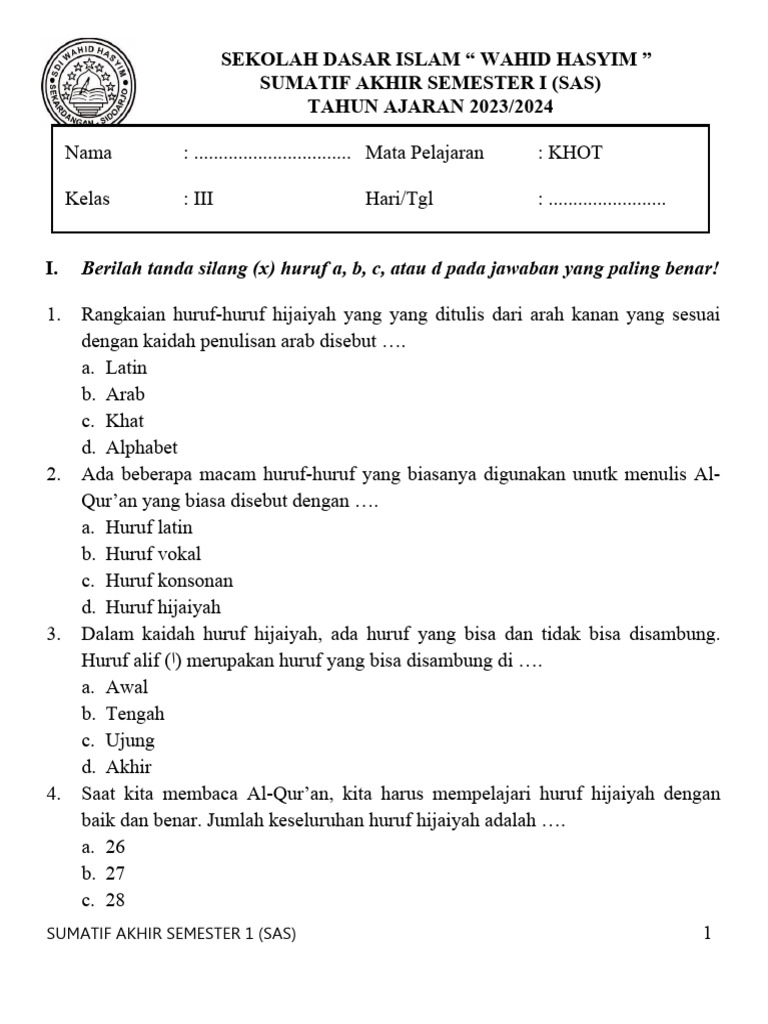 Soal Sas Khot Kelas 3 | PDF