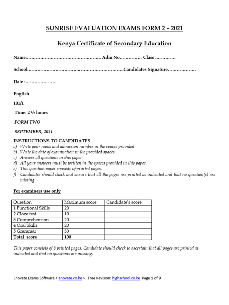 101 Form 2 End Term 1 Exams ENGLISH Questions | PDF | Pregnancy ...