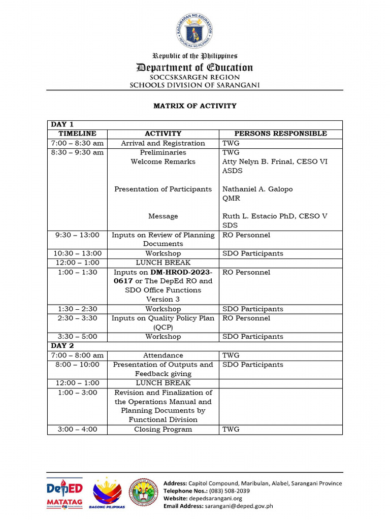 Activity Schedule for Planning Workshop | PDF