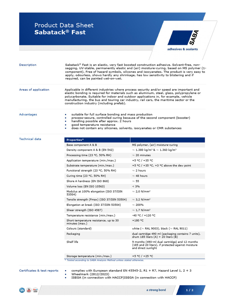 Sabatack® Fast PDS Eng | PDF | Silicone | Polymers