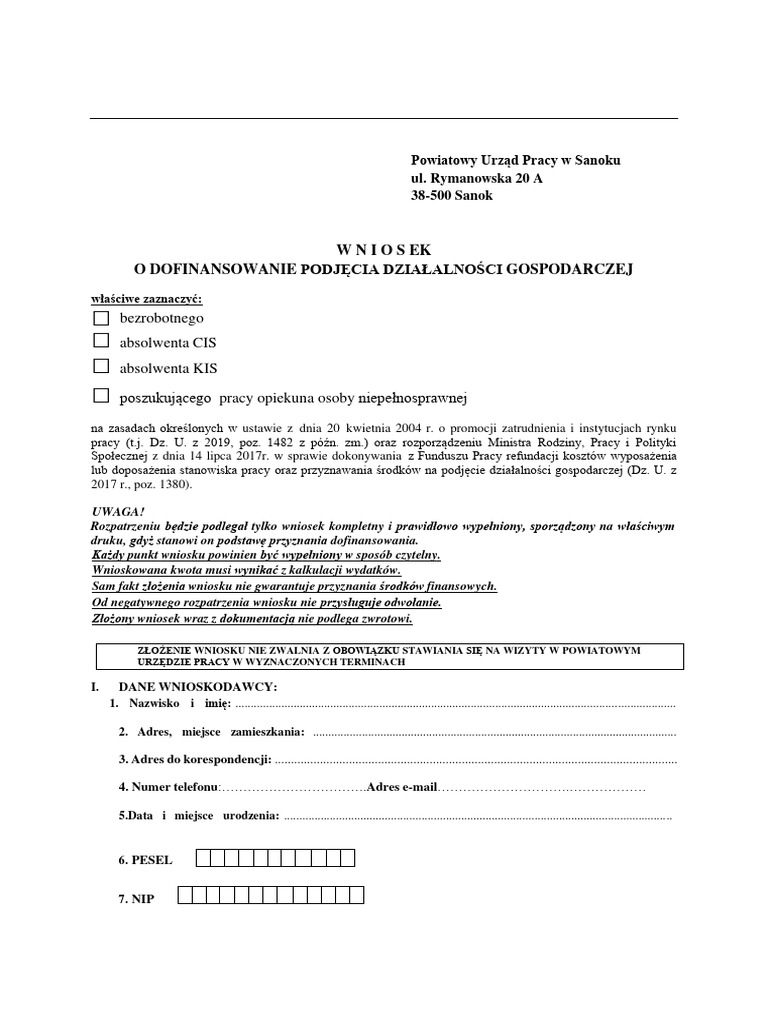 Wniosek o dofinansowanie podjęcia działalności gospodarczej 13082019 - копия | PDF