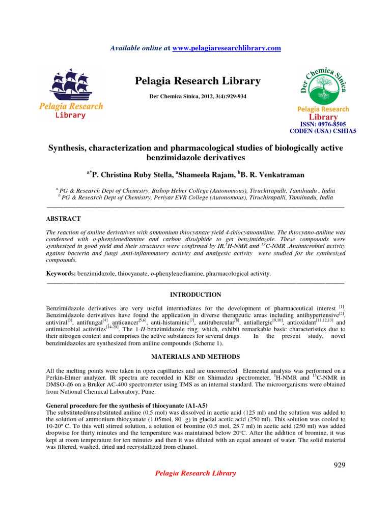 Synthesis Characterization and Pharmacological Studies of Biologically Activebenzimidazole ...