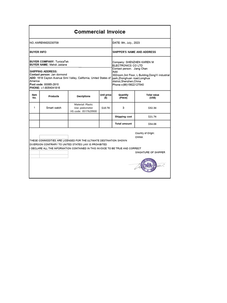 Commercial Invoice for Smart Watches | PDF