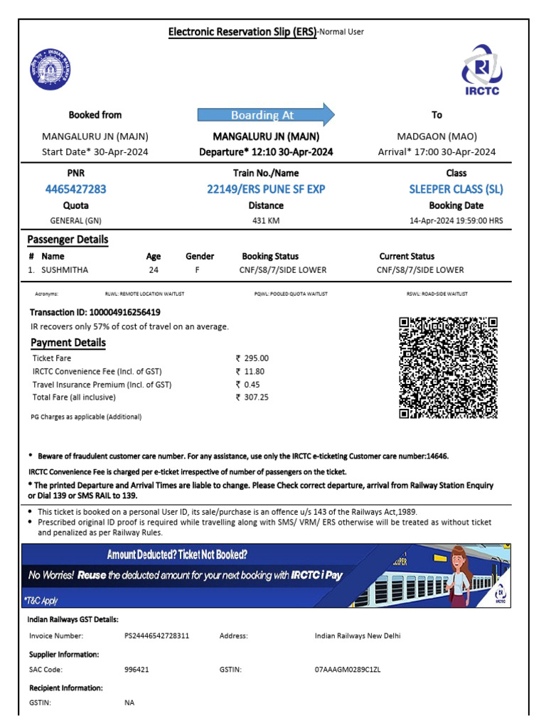 22149/ers Pune SF Exp Sleeper Class (SL) | PDF | Identity Document