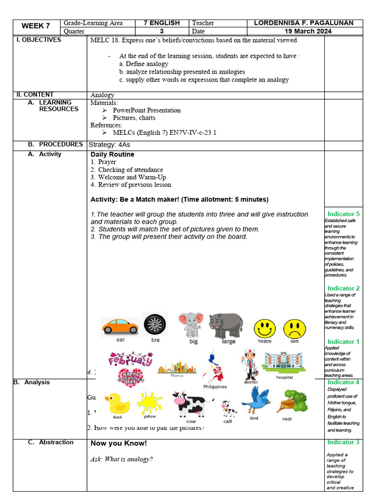 Cot 3 - Lesson Plan | PDF | Teachers | Analogy