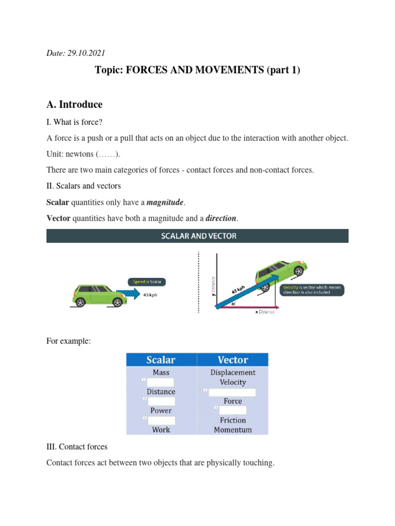 Force and Movement 1 Worksheet | PDF | Force | Quantity