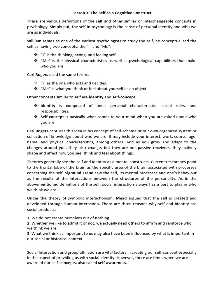 Lesson 3 Self As A Cognitive Construct | PDF | Self Concept | Self Esteem