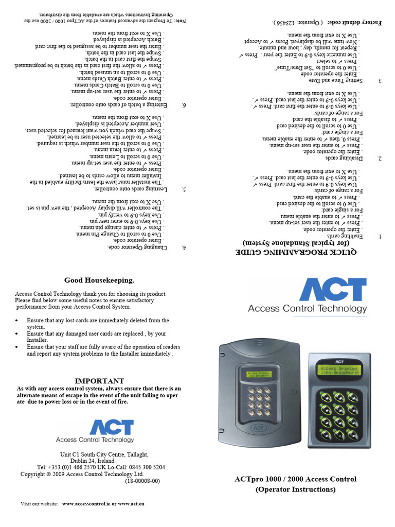ACTpro 2000 Operators Instructions | PDF | Menu (Computing) | Personal Identification Number
