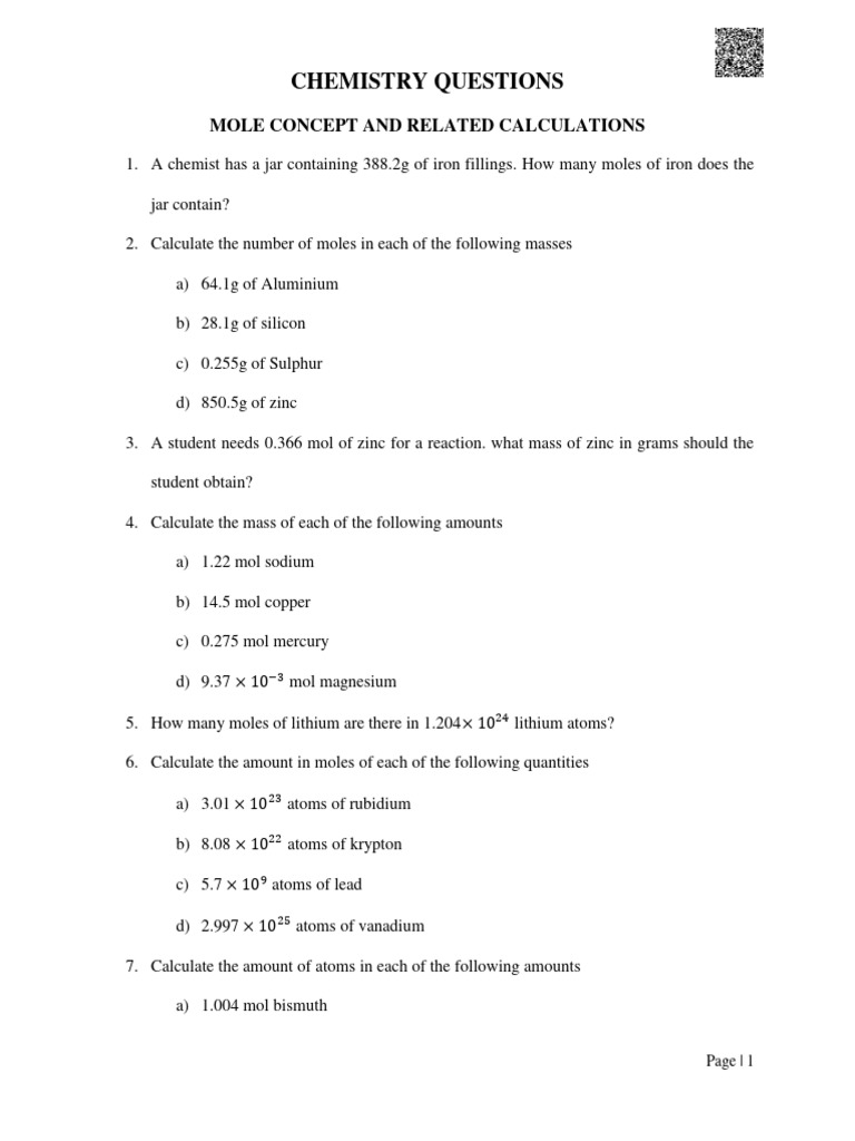 Chemistry Questions Mole Concept | PDF | Mole (Unit) | Hydrogen